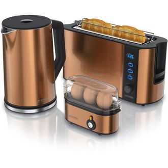 Arendo Fr&uuml;hst&uuml;cksset, Wasserkocher 1,5l, 2-Scheiben Toaster Langschlitz, 3er Eierkocher, Kupfer - Arendo