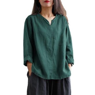 Generic Chemisier d&eacute;contract&eacute; en coton et lin pour femme - Couleur unie - Coupe d&eacute;contract&eacute;e - Tunique ample et confortable - Chemisier &eacute;l&eacute;gant &agrave; manches long