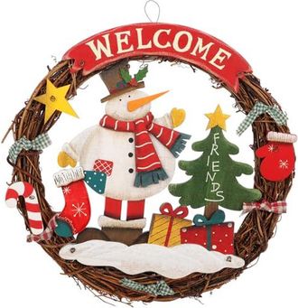 Com-Four Couronne de No&euml;l tress&eacute;e - Couronne de Porte Welcome pour No&euml;l - D&eacute;coration de No&euml;l &agrave; Suspendre env. &Oslash; 31cm (Bonhomme de Neige - L)