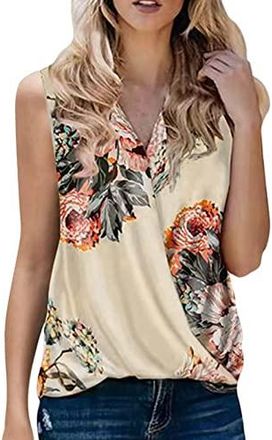 Generic Robe boh&egrave;me 2026 sans manches pour femme - D&eacute;bardeurs &agrave; imprim&eacute; floral - Col en V - Pour l&eacute;t&eacute; - Tunique, kaki, L