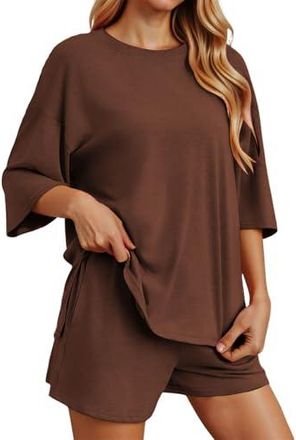 Generic Ensemble 2 pi&egrave;ces pour femme - Chemises surdimensionn&eacute;es d&eacute;contract&eacute;es d&eacute;t&eacute; 2026 avec short de motard - Tenue de voyage assortie, marron, 4XL