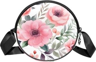 Generic Petit sac &agrave; bandouli&egrave;re circulaire pour femme, motif feuilles florales, sac &agrave; dos avec fermeture &eacute;clair, bretelles r&eacute;glables, sac &agrave; main rond d&eacute;contra