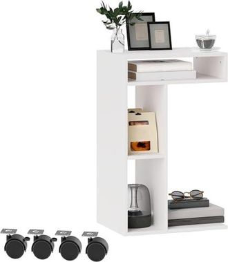 HOMCOM Table dappoint en Forme de C avec roulettes, Table de Chevet avec 3 Compartiments et 1 &eacute;tag&egrave;re Ouverte, Bout de canap&eacute; pour Salon, Chambre, Bureau, 40