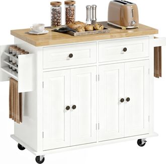 HOMCOM K&uuml;chenschrank, Servierwagen, K&uuml;cheninsel mit Rollen, K&uuml;chenwagen, K&uuml;chenregal mit Schublade und verstellbares Regal, Gummiholz, MDF, Spanplatte, Wei&szlig;,