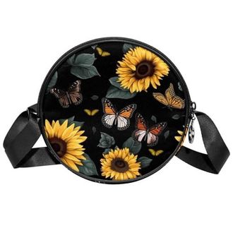 Generic Sac &agrave; bandouli&egrave;re rond pour femme, motif tournesols et papillons, petit sac &agrave; bandouli&egrave;re avec fermeture &eacute;clair, bretelles r&eacute;glables, sac &agrave; main rond 