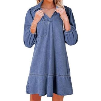 Generic Robe en jean &agrave; manches bouffantes et col en V pour femme, robe en jean ample &agrave; manches 3/4 &agrave; volants, bleu, XXL