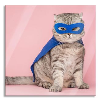 Pixxprint Glasbild, Wandbild auf Echtglas, Süße Katze im Superheldenkostüm, 40x40 cm, inkl. Aufhängung und Abstandshalter