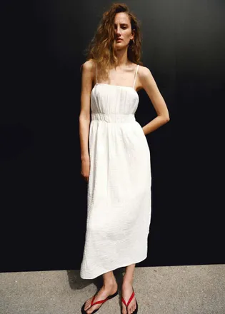 Mango Robe longue 100 % coton &agrave; fronces blanc - Femme - XS - MANGO