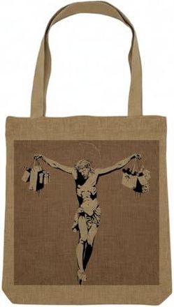 Fabulous Sac Shopping Tote Bag Aspect Lin - Banksy Jesus Christ Croix Sacs de Shopping Street Art - Sac de Courses Toile Epaisse 360g Beige Naturel Cabas Port&eacute;