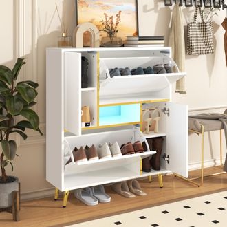 Merax Schuhschrank Schmal, Moderner Schuhkipper mit 2 Klappen und 2 Türen, weißer Flurschrank mit Hochglanzfront und 16-farbigem LED-Licht, Weiß, 80x25x96 c