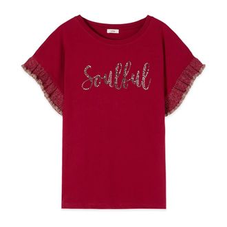 Oltre Baumwoll-T-Shirt mit Kristallen und R&uuml;schen - - Tops - Damen - Rot - S