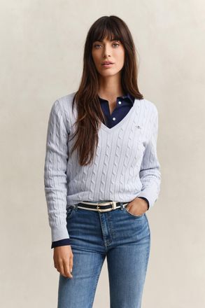 GANT Damen V-Neck Pullover mit Zopfmuster (XXXL) LIGHT Blau