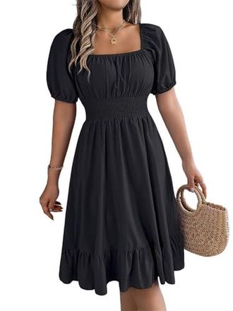 Generic Robe d&eacute;t&eacute; d&eacute;contract&eacute;e &agrave; manches bouffantes avec col carr&eacute;, manches courtes, taille ajust&eacute;e, ourlet &agrave; volants, robe d&eacute;t&eacute; midi trap&egrave;ze, Noir, XL