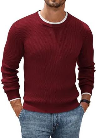 Coofandy Pull à col rond en tricot à manches longues pour homme - Pull dhiver basique à col rond classique, bordeaux, M