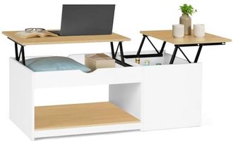 IDMarket Table Basse 2 Plateaux relevables ELEA avec Coffre Bois Blanc et fa&ccedil;on h&ecirc;tre