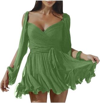 Generic 2026 Robes amincissantes pour femmes temp&eacute;rament d&eacute;contract&eacute; en maille &agrave; manches longues nou&eacute; dos nu mini robe, Vert, XXL