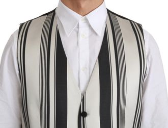 Dolce & Gabbana Mens White Black Stripes Waistcoat Formal Vest Cotton Silk Clothing