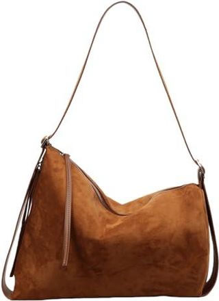 Generic Sac &agrave; bandouli&egrave;re en daim synth&eacute;tique avec fermeture &eacute;clair - Grande capacit&eacute; - Pour voyage, shopping, travail, usage quotidien, marron, 350.00x300.00