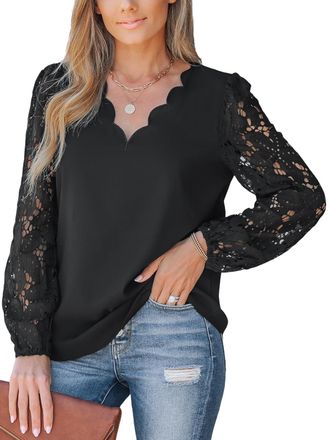 Cupshe Damen Blusen V-Ausschnitt Wellenkante Floral Spitzenärmel Langarmshirt Lässige Spitzen Oberteile Tunika Bluse Tops Schwarz XS