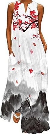 Generic Long Dresser sans Manches imprimé col en V Maxi Robe Ample Boho Plage Longue Robe dété avec Poches Tenue De Plage (Red, XL)