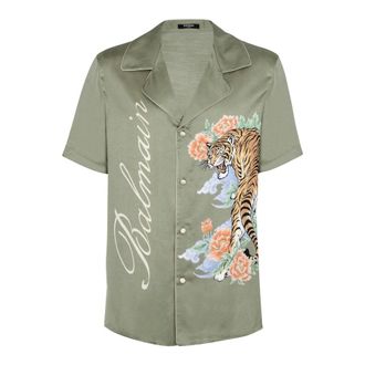 Balmain Chemise courte en satin imprim&eacute; tigre - Homme - Chemises - Vert - Taille: 3XL