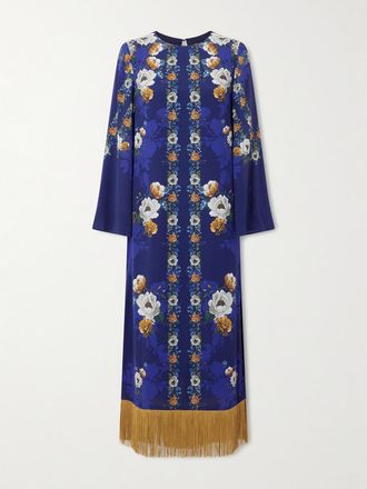 Borgo De Nor Maxikleid Aus Glänzendem Crêpe Mit Blumenprint Und Fransen - Blau