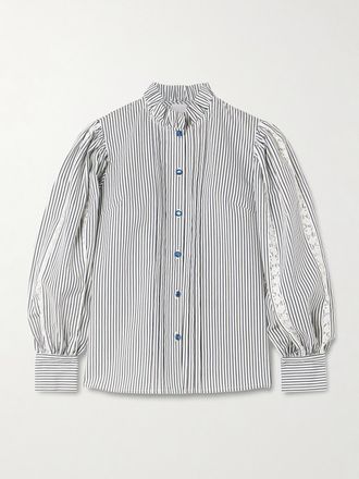 Loretta Caponi Chemisier En Coton M&eacute;lang&eacute; &Agrave; Finitions En Dentelle Et &Agrave; Rayures Anastasia - Bleu