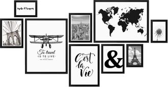 Photolini schwarze Bilderrahmen Set verschiedene Größen, 9 Bilderrahmen schwarz Holz MDF, Bilder Rahmen mit Acrylglas, Bilderrahmenset zum Aufhängen, Fotorahmen