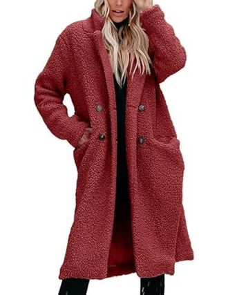 Generic Trench d&eacute;contract&eacute; &agrave; manches longues pour femme avec poches - Manteau dhiver &eacute;pais et chaud - Style urbain, Rouge, XL
