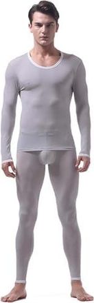 QWUVEDS Ensemble de sous-vêtements thermiques ultra fins en soie glacée pour homme - Manches longues - Pantalon moulant - Pyjama tendance - Sexy - Bleu - 54, 