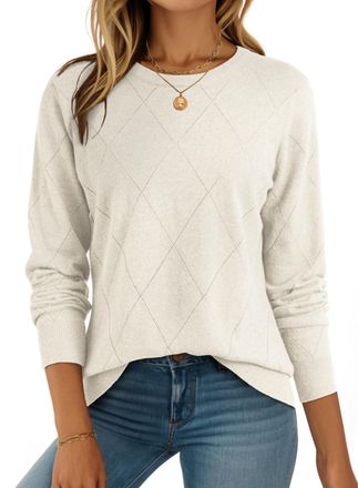 Dokotoo Pullover Damen Herbst Winter Wollmischung Rundhals Strickpullover Oberteile Langarm Warm Pulli Tops Casual Leichte Sweater Rautenmuster Weich Strickpu