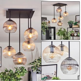 HOFSTEIN Deckenleuchte Koyoto, 5-flammige Deckenlampe aus Metall/Riffelglas in Schwarz/Bernstein/Rauch/Klar, Leuchte Retro/Vintage-Design (Schirme &Oslash; 15 cm), E1