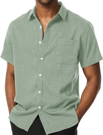 PARKLEES Chemise boutonnée à manches courtes pour homme - En lin texturé - Décontractée - Vacances - Plage - Été, vert clair, Taille 3XL