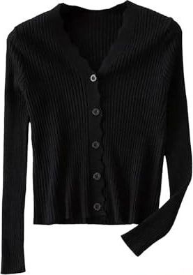Generic Cardigan tricot&eacute; &agrave; boutons pour femme - Col en V - Manches longues - D&eacute;contract&eacute; - Col en V - Boutonn&eacute;, Noir/blanc, taille unique