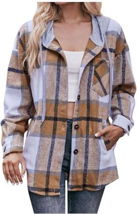 Generic Vestes pour femmes 2026 Veste &agrave; capuche en laine douce d&eacute;contract&eacute;e coupe ample &agrave; carreaux avec cordon de serrage pour lautomne boutonn&eacute; chemises &agrave; ma