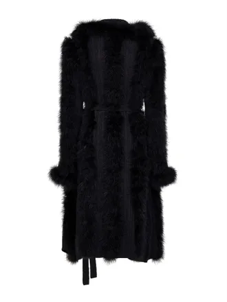 The Attico Womens Belted Knit Cardigan With Feather Trim - Black Alpaca Cardigans Sweater