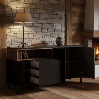 Dmora Kommode Madeleine, Wohnzimmerbuffet, Wohnzimmer-Sideboard, Moderne K&uuml;chen-Speisekammer, 176x48 h90 cm, Schwarz und Walnuss