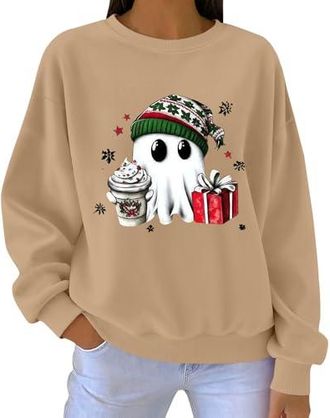 Generic Sweat imprimé de Noël pour femme, pull de Noël fantaisie mignon graphique 2025 col rond surdimensionné à manches longues pour les vacances festives et