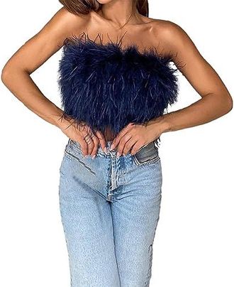 Generic Haut tube pour femme - Avec plumes - Sexy - Fermeture &eacute;clair - Bandeau - Sans manches - Haut tubulaire - &Eacute;l&eacute;gant - Corset - Haut festif - Pour mariage