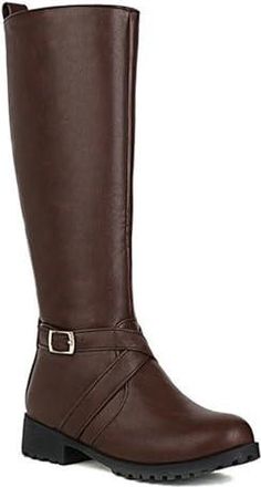 Generic Bottes montantes au genou pour femme - Large mollet plat - Talon bas &eacute;pais - Fermeture &eacute;clair lat&eacute;rale - Boucle de moto - Chaussures dhiver, marron, 3