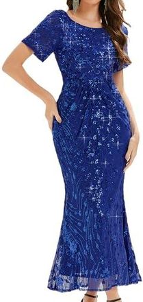 Ever-pretty Robe de Soirée Femme en Paillettes Col Rond Élégants Volants aux Manches Bleu Saphir 36