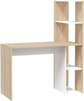 PEGANE Table du bureau, meuble du bureau r&eacute;versible avec &eacute;tag&egrave;re en bois coloris Blanc artik, ch&ecirc;ne canadien - hauteur 136 x longueur 110 x profondeur 52 cm