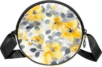 Generic Petit sac &agrave; bandouli&egrave;re circulaire pour femme, motif feuilles florales, sac &agrave; dos avec fermeture &eacute;clair, bretelles r&eacute;glables, sac &agrave; main rond d&eacute;contra