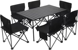 Generic Campingtisch, faltbar, mit 6 Stühlen, für Grill, Picknick, Gartenpartys, tragbar mit Tragetasche, Schwarz