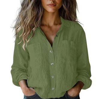Generic Chemise d&eacute;contract&eacute;e en coton et lin pour femme - Manches longues - Couleur unie - Haut de travail ample avec poches - T-shirt &agrave; manches longues pour 