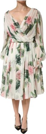 Dolce & Gabbana Femme, Robes, Multicolore, Taille: 42 FR Floral Rose Ivory Silk Blend Longsleeve Dress