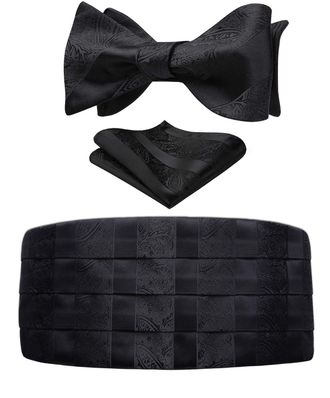 Hisdern Herren Kummerbund Schwarz mit Fliege und Einstecktuch Formelle Paisley Kummerbunde für Männer, 3er Set Schärpe Verstellbar Band