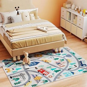 HOMCOM Teppich Anti-Rutsch Maschinenwaschbar Wohnzimmerteppich Kurzflor mit Autobahn-Muster, Fleece-Optik, Modern-Design Fl&auml;chenteppich f&uuml;r Wohnzimmer Terras