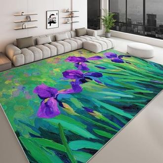 Generic Tapis Vert Lavable pour Salon, Tapis &agrave; Poils Courts Antid&eacute;rapant Dessin&eacute; &Agrave; La Main Plantes Fleurs Art pour Enfants Bureau Salle &agrave; Manger Cuisine et Ch