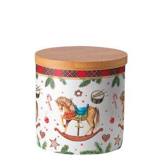 Ambiente Fine Bone China Porzellan Dose ca 0,46l Inhalt mit Bambus Deckel und Dichtung Kaffee/Tee/Gebäckdose Weihnachtsmotiv Schaukelpferd